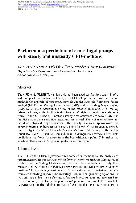 pdf performance and prediction of centrifugal pumps with steady and
