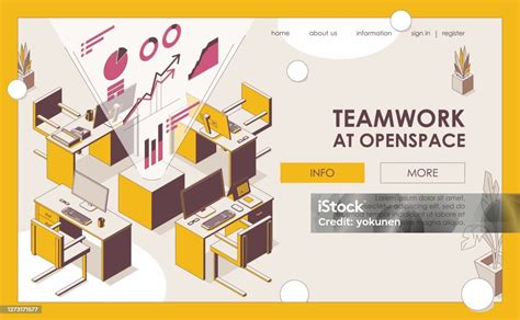 오픈 스페이스 오피스 Isometric 방문 페이지 템플릿의 팀워크 테이블과 의자 모노블록 Pc 및 액세서리 차트 및 다이어그램을 간략하게 설명합니다 선명한 노란색과 분홍색