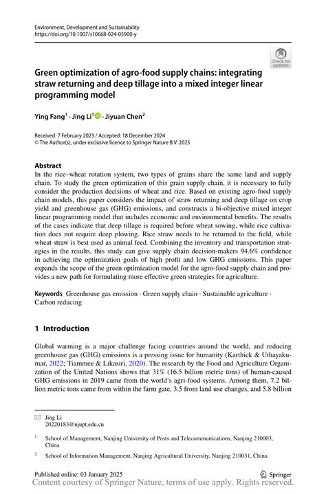 Green Optimization Of Agro Food Supply Chains Integrating Straw Returning And Deep Tillage Into