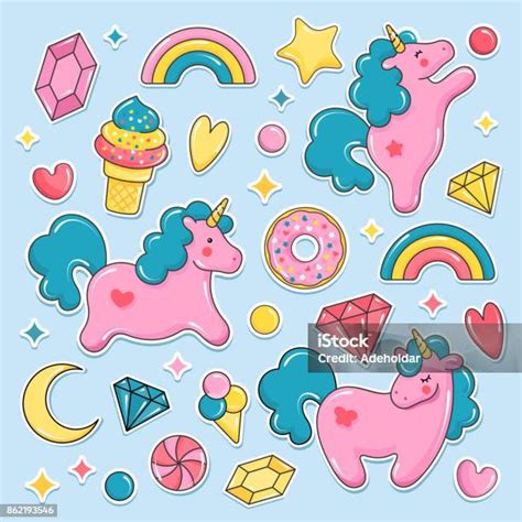 유니콘 귀여운 요소 컬렉션입니다 풍선 세트입니다 유니콘 아이스크림 레인 보우 과자 다이아몬드 벡터 일러스트 레이 션 개념에 대한 스톡 벡터 아트 및 기타 이미지 Istock
