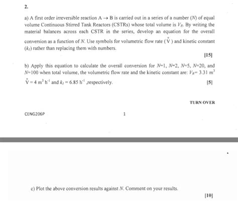 Solved A A First Order Irreversible Reaction A Rightarrow B