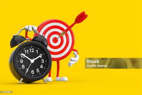 양궁 표적과 다트 센터 만화 사람 캐릭터 마스코트 알람 시계 3d 렌더링 3차원 형태에 대한 스톡 사진 및 기타 이미지 3차원 형태 개념 검은색 Istock