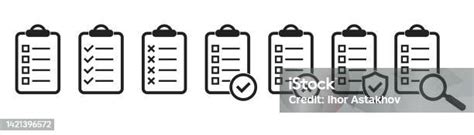 클립보드의 검사 목록 또는 문서 체크 마크 십자가 텍스트 및 돋보기가있는 클립 보드 흰색 배경에 격리 된 검사 목록 기호 윤곽선 집합입니다 벡터 아이콘 0명에 대한 스톡