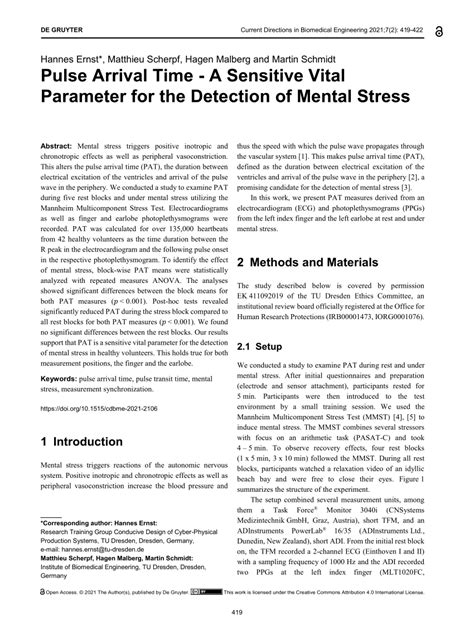 Pdf Pulse Arrival Time A Sensitive Vital Parameter For The Detection Of Mental Stress