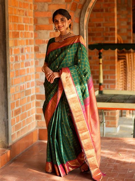 Checked Green Kanjeevaram Silk Saree With Red Border Handwoven Indian