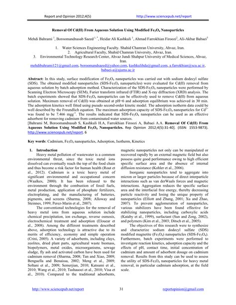 Pdf Removal Of Cdii From Aqueous Solution Using Modified Fe 3 O 4 Nanoparticles