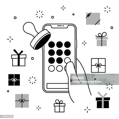 손에 스마트 폰 회원 앱 스탬프 카드 로열티 프로그램 선물 상자 아이콘 세트 가입서에 대한 스톡 벡터 아트 및 기타 이미지 가입서 감사합니다 검은색 Istock