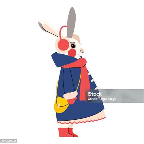 겨울 코트 스카프 및 가방이있는 토끼 하얀 배경에 고립 된 따뜻한 옷을 입은 귀여운 토끼 캐릭터 벡터 겨울 일러스트 레이 션 0