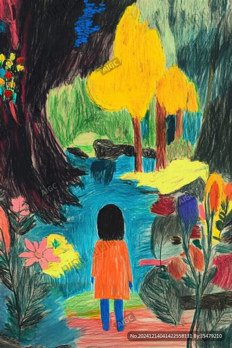 Ai创作图儿童肌理插画 每日一画画 蜡笔风插画 手绘独自春游的小姑娘 许愿少女绘画 林中女孩背影 小溪美术绘画 蜡笔画的感 蜡笔风格插画 丙烯