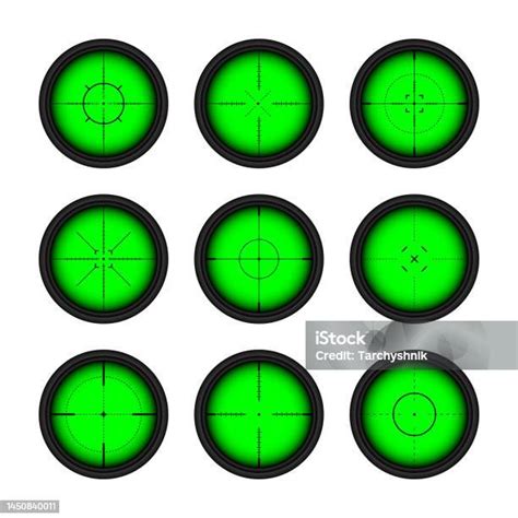 다양한 무기 야간 명소 저격 소총 광학 스코프 십자선이있는 사냥 총 뷰파인더 조준 촬영 마크 기호 군사 대상 표지판 실루엣 게임 Ui 요소입니다 벡터 일러스트 레이 션