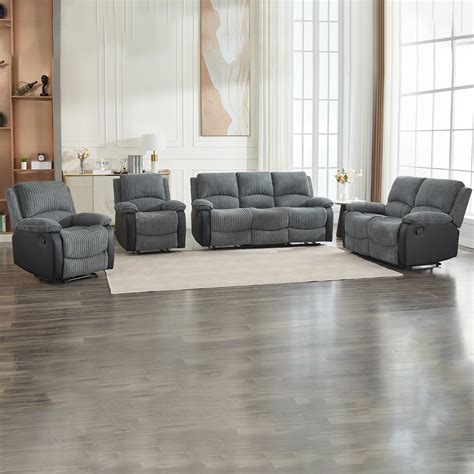 Manual Reclining Sofa Sectional Recliner Plush Corduroy Couches Set Sofa
