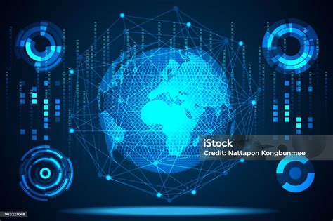 글로벌 네트워크 연결 미래 지구 세계 가상 홀로그램 통신 시스템 세계 디지털 연결 및 비즈니스 연결 안녕 기술 배경 기술 개념을 추상화 합니다 벡터 일러스트 레이 션 개념에