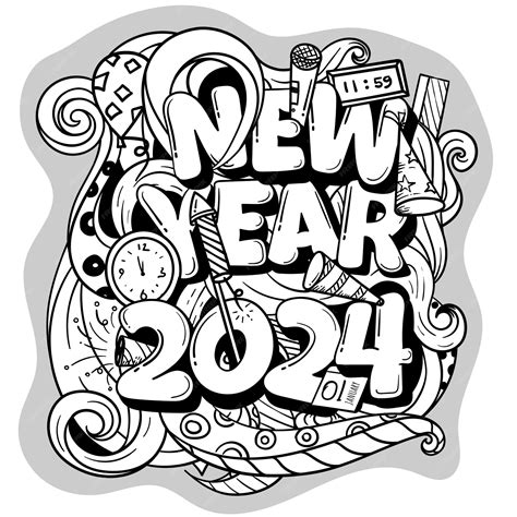 Doodle Art Cartoon Design Of New Year In Black And White Concept For
