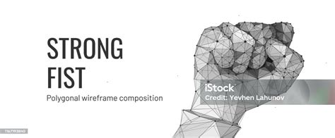 주먹 낮은 폴리 와이어 프레임 스타일 힘이나 권력의 비즈니스 개념 별이 빛나는 하늘 이나 별자리 주먹입니다 흰색 배경에 격리 된 추상 주먹 입자는 기하학적 실루엣으로