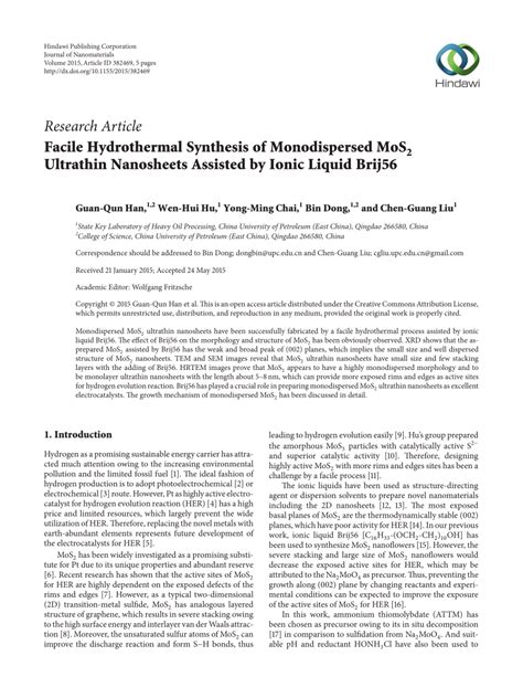 Pdf Facile Hydrothermal Synthesis Of Monodispersed Mos 2 Ultrathin Nanosheets Assisted By