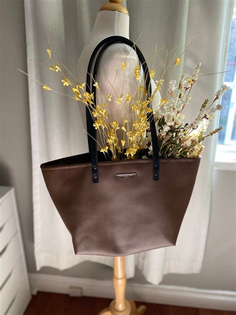 Faux Leather Brown Tote Bag With Black Handles Shopping Bag Fashionable