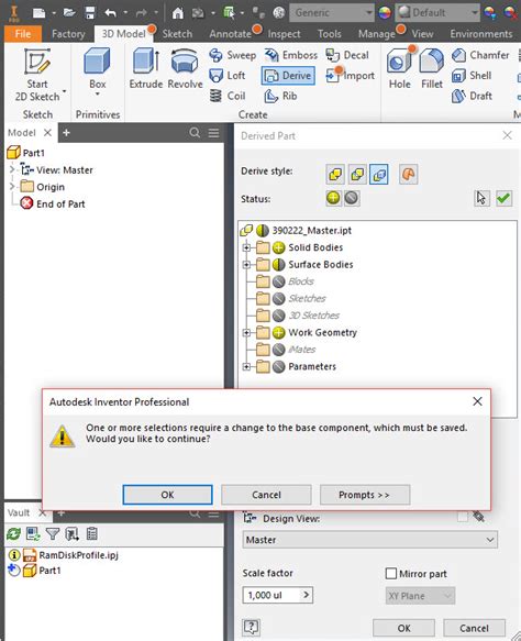 derived part has to be saved after confirming derive dialog settings in