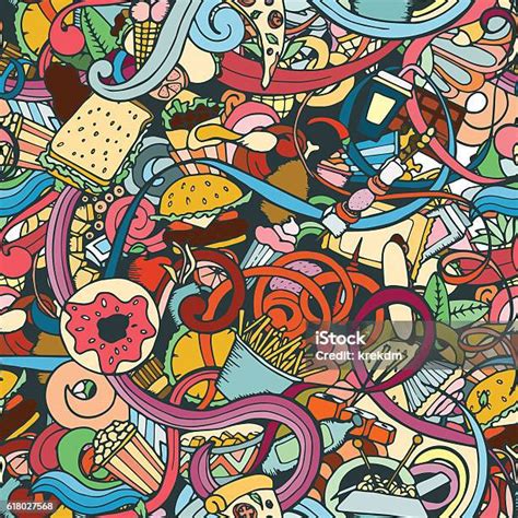 손으로 그린 벡터 원활한 패스트 푸드 패턴 0명에 대한 스톡 벡터 아트 및 기타 이미지 0명 귀여운 낙서 드로잉 Istock
