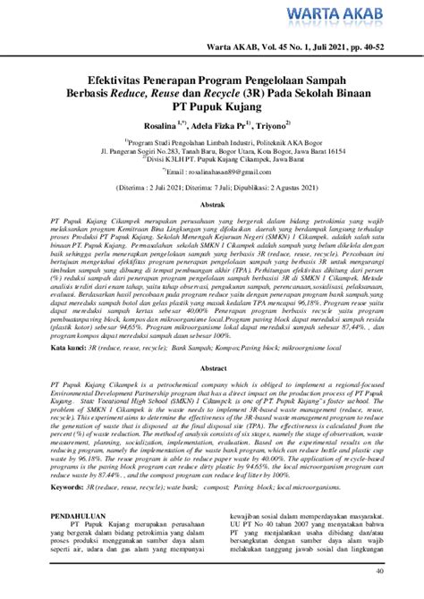 Pdf Efektivitas Penerapan Program Pengelolaan Sampah Berbasis Reduce Reuse Dan Recycle 3r