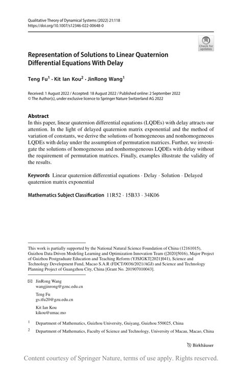 Representation Of Solutions To Linear Quaternion Differential Equations With Delay Request Pdf