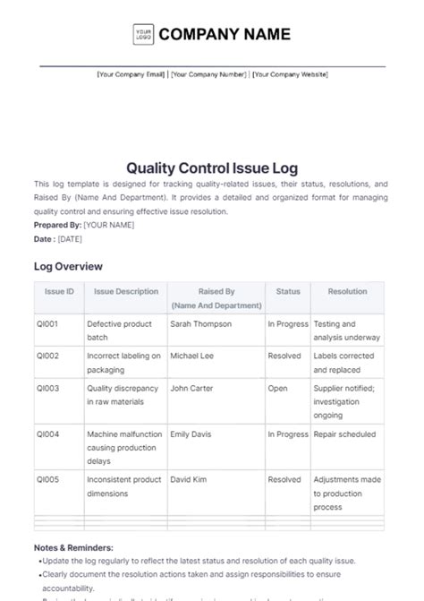 Free Quality Issue Log Template To Edit Online