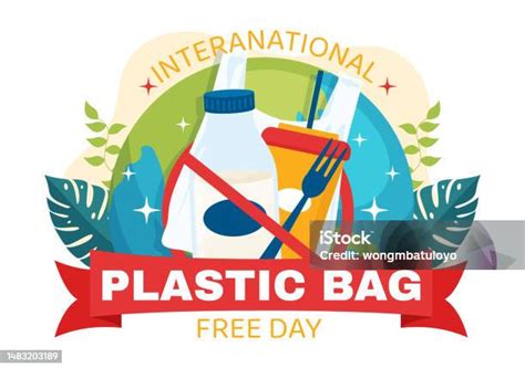 국제 비닐 봉지 무료 하루 벡터 일러스트레이션 녹색으로 이동 에코 라이프 스타일 플랫 만화 손으로 그린 템플릿에서 지구와 바다를 저장 플라스틱에 대한 스톡 벡터 아트 및