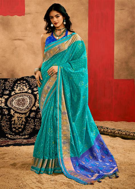 Pacific Blue Patola Silk Saree With Intricate Design House Of