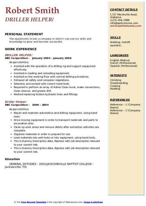 Driller Helper Resume Samples Templates For