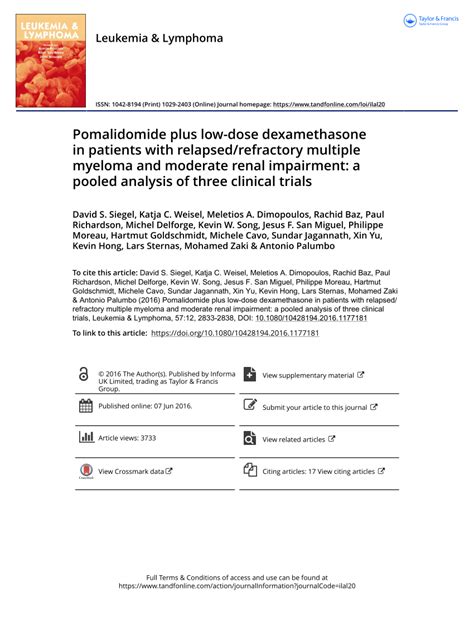 Pdf Pomalidomide Plus Low Dose Dexamethasone In Patients With Relapsed Refractory Multiple