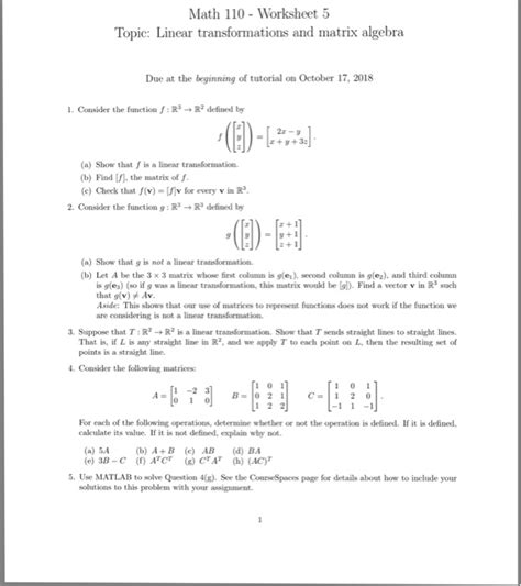 Solved Math 110 Worksheet 5 Topic Linear Transformations