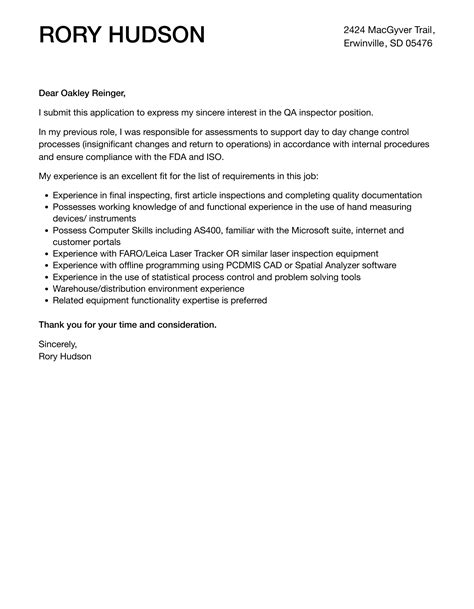 QA Inspector Cover Letter Velvet Jobs