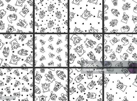 귀여운 파티 몬스터 원활한 패턴 색칠 공부 페이지 생일 축하 선물 재미있는 외계인 인사말 케이크 손으로 그린 스타일입니다 벡터 그리기 디자인 장식품 컬렉션 가공의 인물에