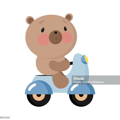 스쿠터에 귀여운 곰 만화 스타일의 벡터 일러스트레이션 카드 포스터 배너 책 팩에 인쇄 옷 직물 벽지 섬유 또는 접시에 인쇄 0명에 대한 스톡 벡터 아트 및 기타 이미지