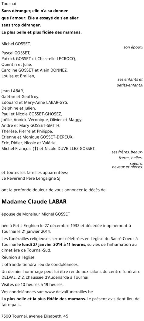 Avis De Décès De Claude Labar Décédé Le 21 01 2014 à Tournai Annonce Condoléances Fleurs