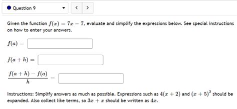 solved given the function f x 7x−7 evaluate and simplify