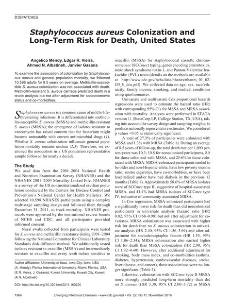Pdf Staphylococcus Aureus Colonization And Long Term Risk For Death United States