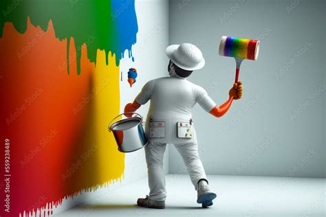Cartoon Maler Streicht Eine Wei E Wand Bunt Mit Color Splash Stock Illustration Adobe Stock