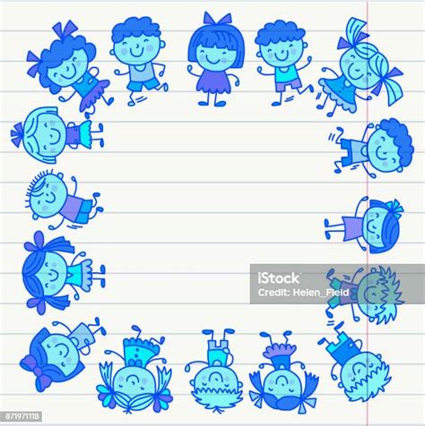아이 들 학교 유치원과 프레임입니다 행복 한 아이 들 창의력 상상력 낙서 아이콘 아이 들과 함께입니다 재생 하 고 연구 하 고