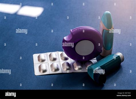 Set Of Asthma Inhaler Accuhaler And Anti Allergy Pills For Treatment