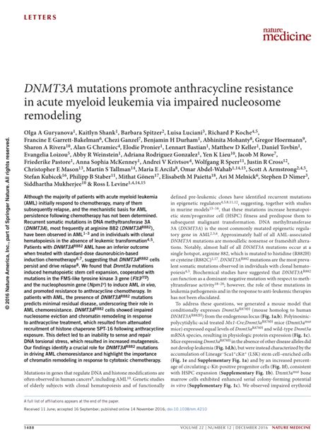 Pdf Dnmt3a Mutations Promote Anthracycline Resistance In Acute