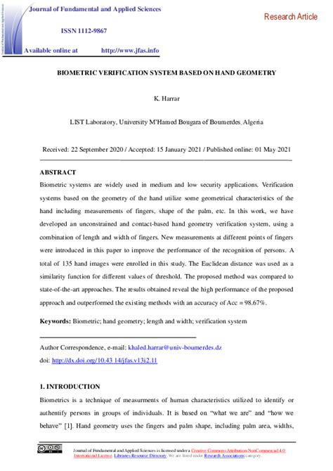Pdf Biometric Verification System Based On Hand Geometry