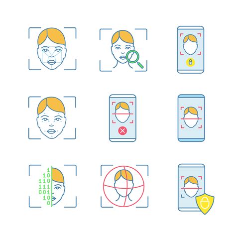 Facial Recognition Color Icons Set Biometric Identification Faceprint Analysis Face Lock
