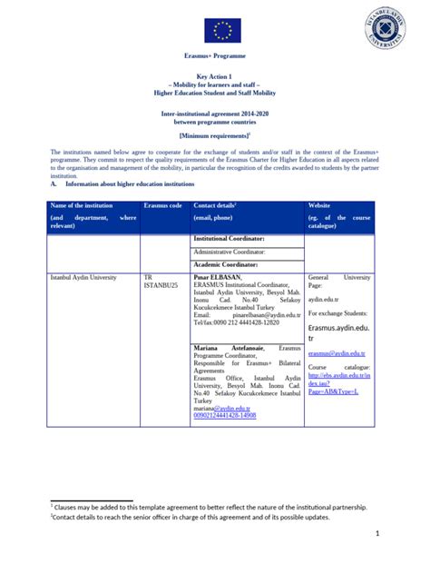 Erasmus Plus 2014 2020 Iau Bilateral Agreement Sample Pdf