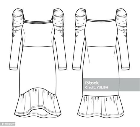 벡터 슬림 핏 드레스 기술 도면 긴 소매 사각형 목 미니 드레스 패션 Cad 스케치 템플릿 플랫 저지 또는 짠 직물 드레스 전면 후면보기 흰색 색상 0명에 대한 스톡 벡터
