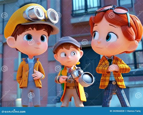 Cute Detectives In Cartoon Style Set Characters For Postcards Books