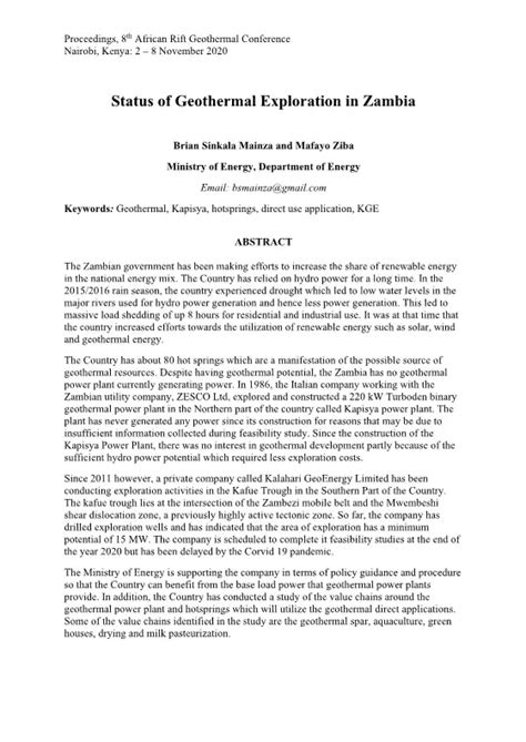 Status Of Geothermal Exploration In Zambia Docslib
