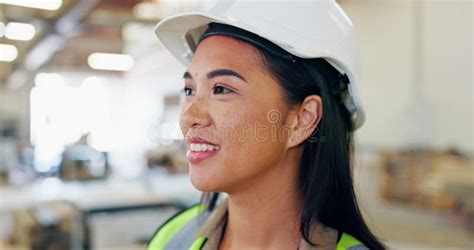 Thinking Smile And Asian Woman In A Warehouse Factory And Engineering