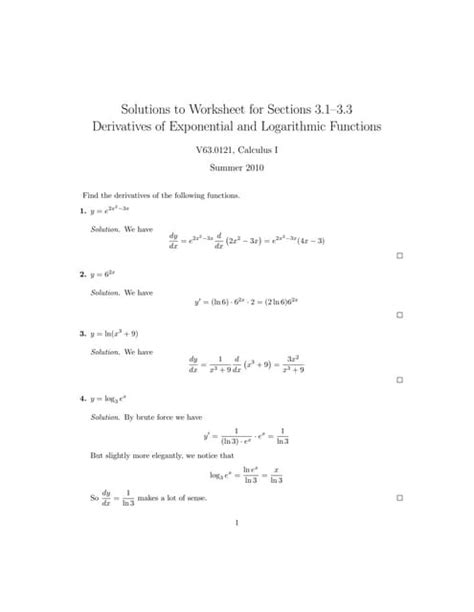Lesson 8 Derivatives Of Logarithmic And Exponential Functions Worksheet Solutions Pdf