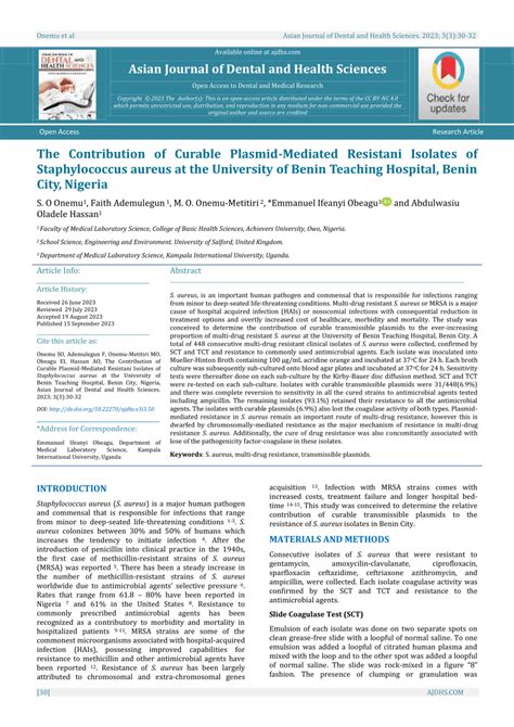 Pdf The Contribution Of Curable Plasmid Mediated Resistani Isolates Of Staphylococcus Aureus