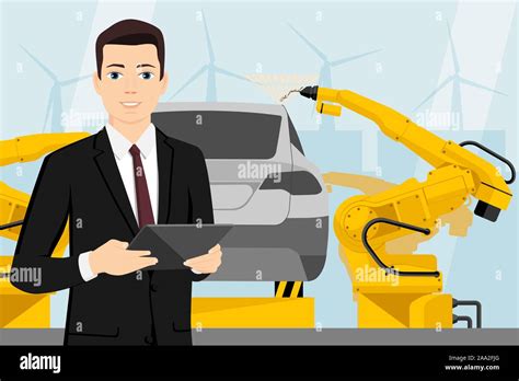Engineer With A Digital Tablet Controls Robots On The Car Assembly Line